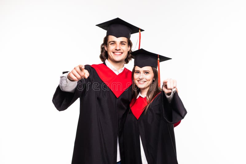 Two Graduate Students Couple Pointed on Camera Isolated on White ...