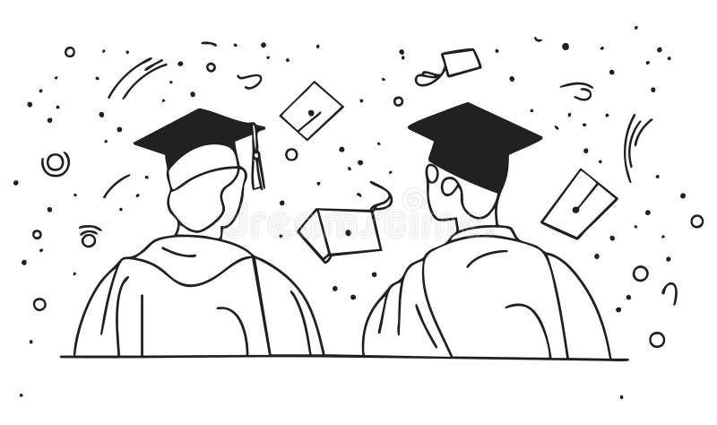 Two Graduates in Caps and Gowns Celebrate with Confetti. Stock Vector ...
