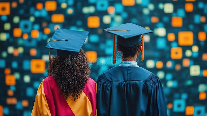 Two Graduates in Caps and Gowns Face a Digital Future Stock ...