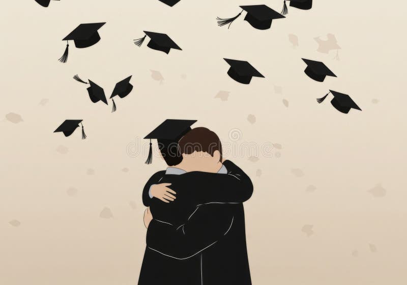 Two Graduates Hugging Amidst Falling Graduation Caps Stock Illustration ...