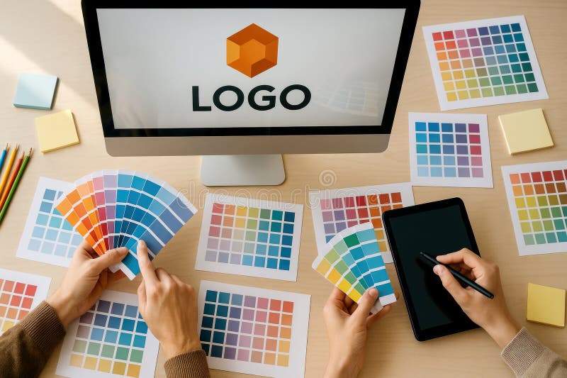 Graphic Designers Working on Logo Design Project Stock Illustration ...