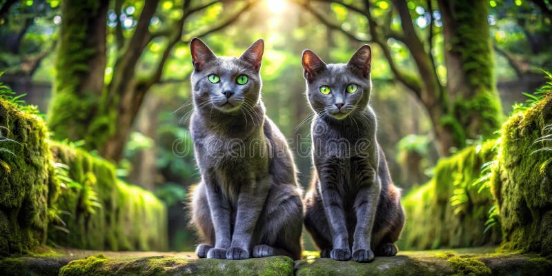 Two Gray Cats with Bright Green Eyes Sitting on Mossy Rocks in a Sunlit ...