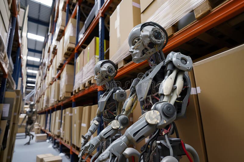 Two Gray Humanoid Robots are in a Warehouse, Surrounded by Shelves and ...