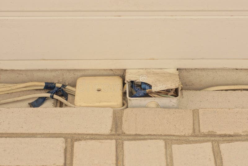 Two Gray Square Plastic Boxes with Electrical Cables and Wires Stock ...