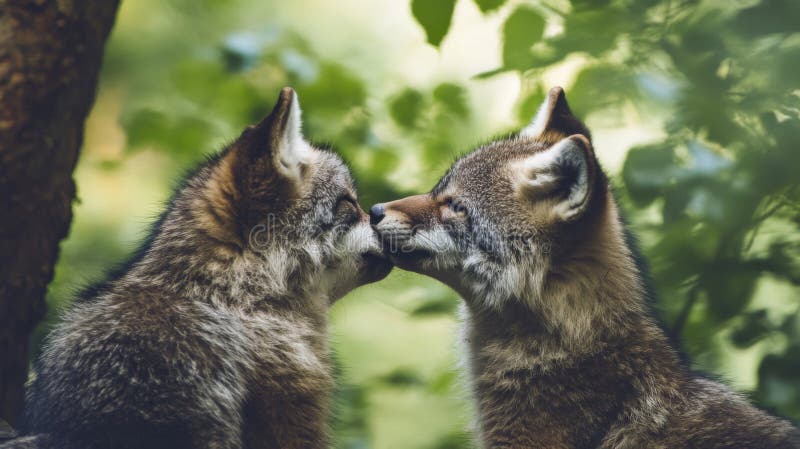 Two Gray Wolf Pups Kissing in Lush Green Forest Stock Illustration ...