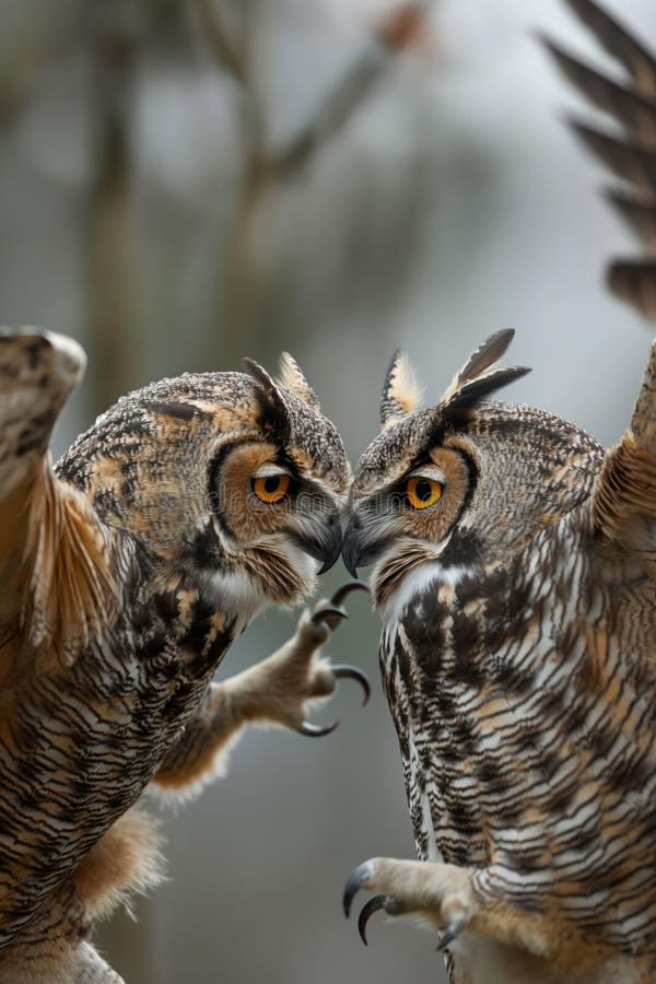 Two Great Horned Owls Face Off Spreading Wings and Talons Stock Image ...