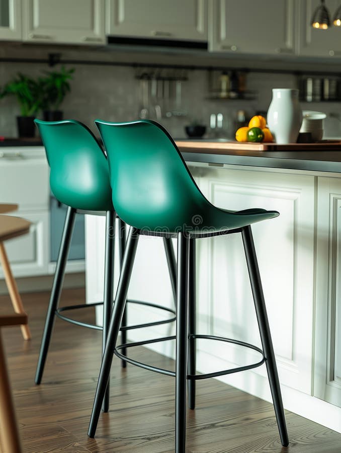 Two Green Bar Stools at a Modern Kitchen Counter. Stock Photo - Image ...