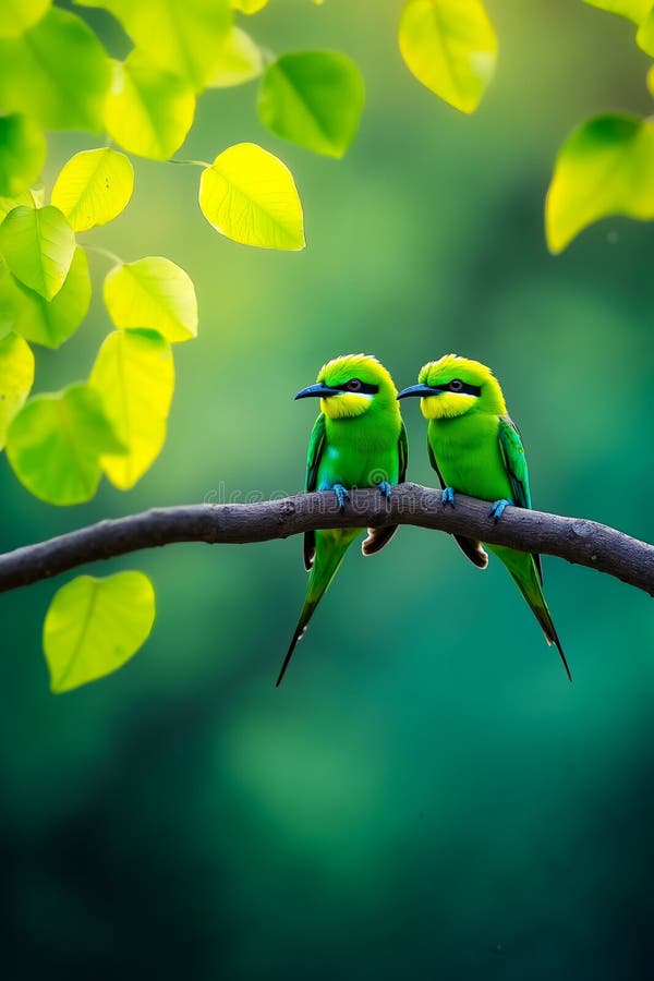 Two Green Birds Perched on a Branch Stock Image - Image of perch ...