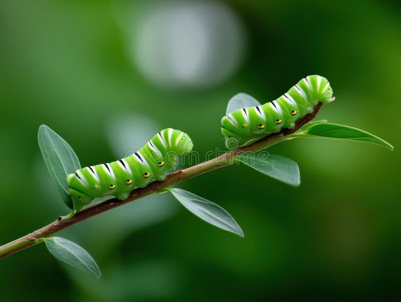 Two Green Caterpillars are on a Leaf Stock Illustration - Illustration of closeup, garden: 386325439