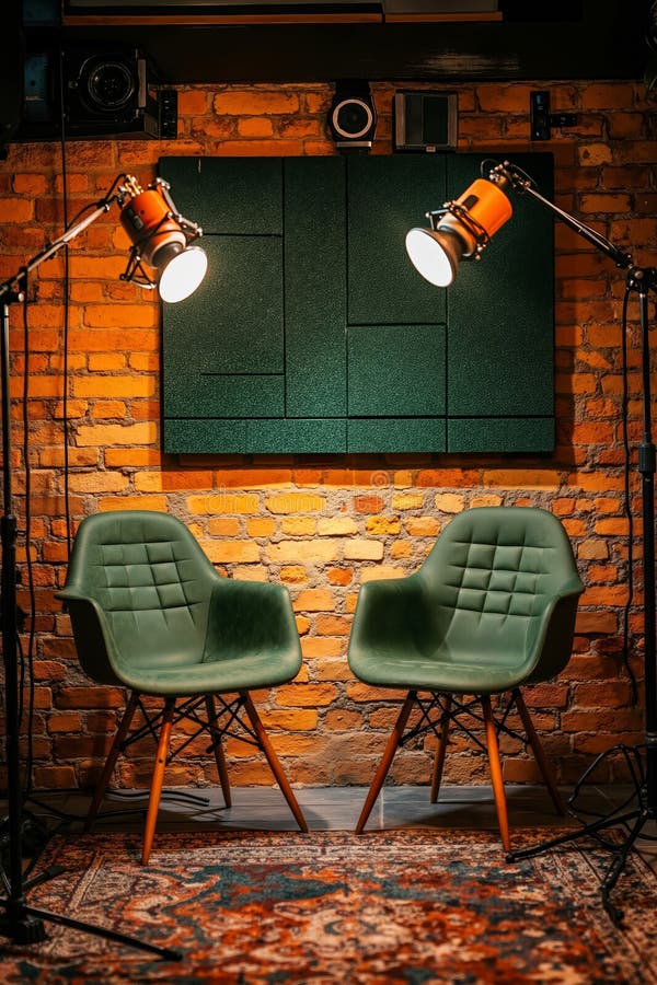 Two Green Chairs Sitting Next To Each Other in Front of a Brick Wall ...