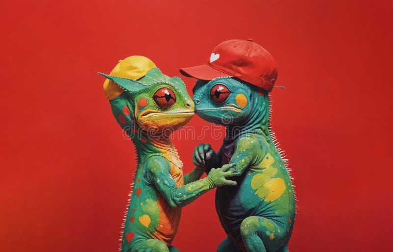 Two Green Chameleons with Red and Yellow Caps are Cuddling in Love ...