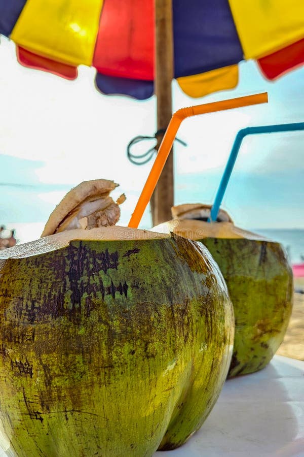 Two Green Coconut Drinks with Straws on a Table on a Tropical Beach ...