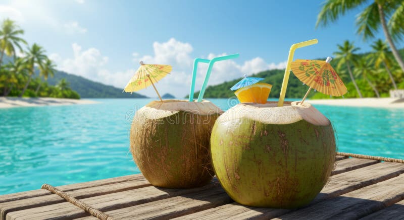 Two Green Coconuts with Straws on Tropical Beach Stock Illustration ...