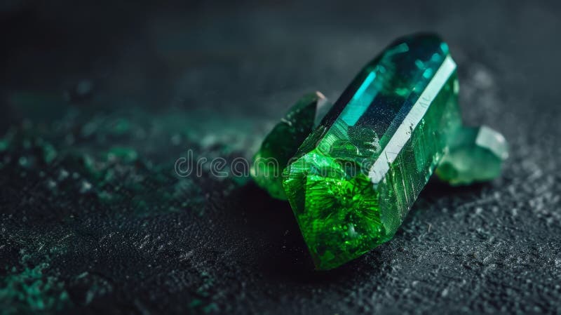 Two Green Crystals Atop a Black Counter, beside a Glass on a Table ...