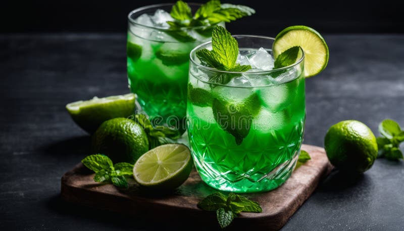 Two Green Drinks with Lime and Mint on a Table Stock Illustration ...