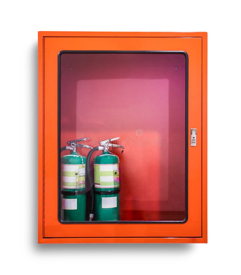 Two Green Fire Extinguishers is in the Red Cabinet Stock Photo - Image ...