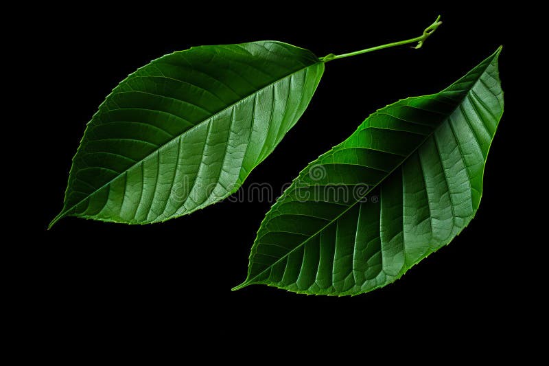 Two Green Leaves on Black Background with Black Background and White ...