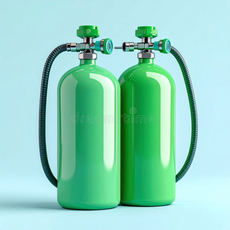 Two Green Oxygen Tanks Connected by Tubes on Light Blue Background ...