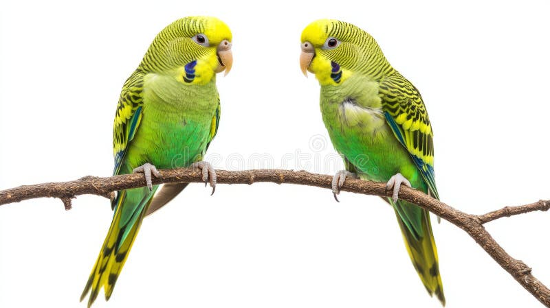 Two Green Parakeets on a Branch Isolated on White Background Stock ...