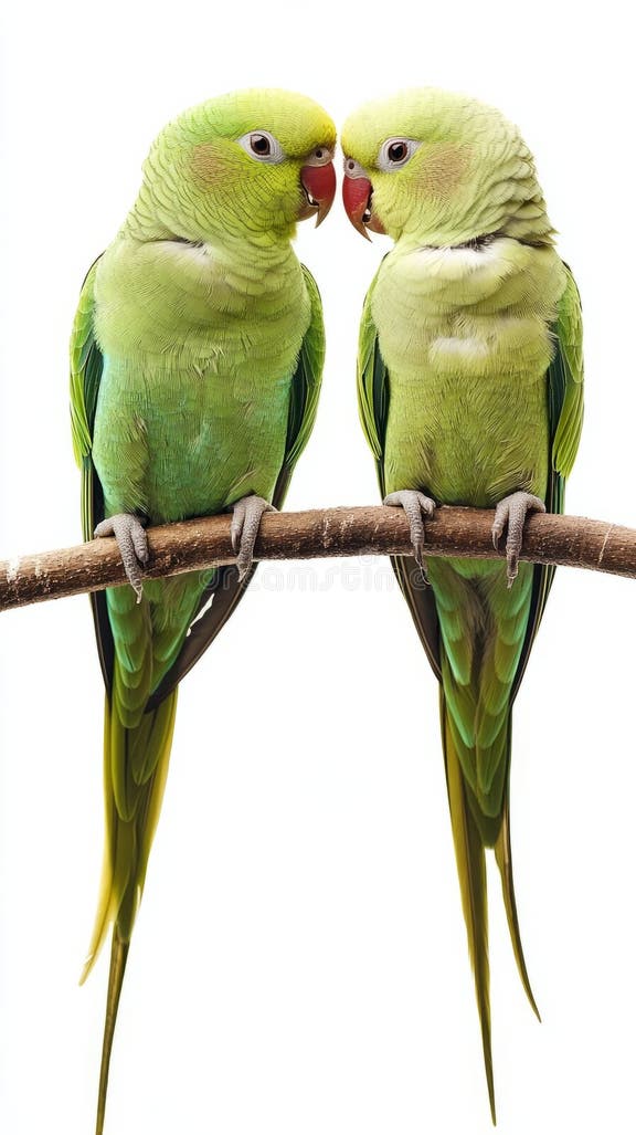 Two Green Parakeets on a Branch Isolated on White Background Stock ...
