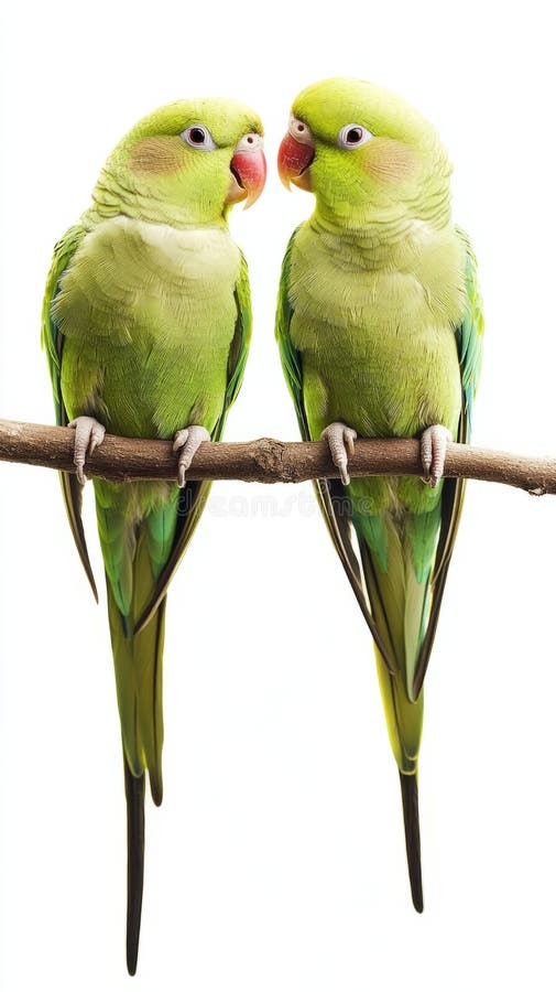 Two Green Parakeets on a Branch Isolated on White Background Stock ...