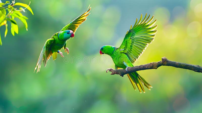 Two Green Parrots Flying on a Branch Stock Image - Image of wing ...
