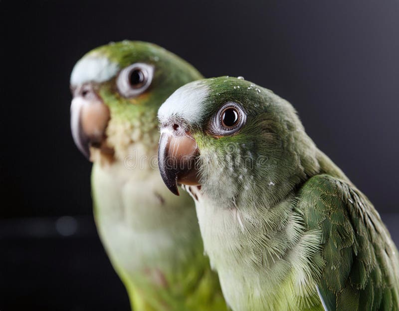 Two Green Parrots, One with a Turquoise Brow, Gaze Curiously Stock ...