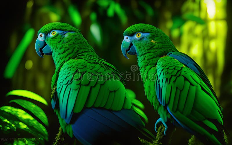 Two Green Parrots on a Tree in the Rainforest. Generative Al ...