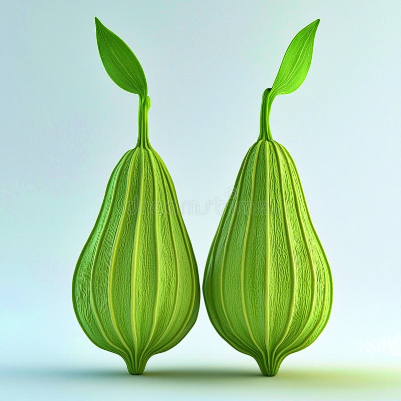 Two Green Pear Shaped Objects with Leaves Standing Side by Side on a ...