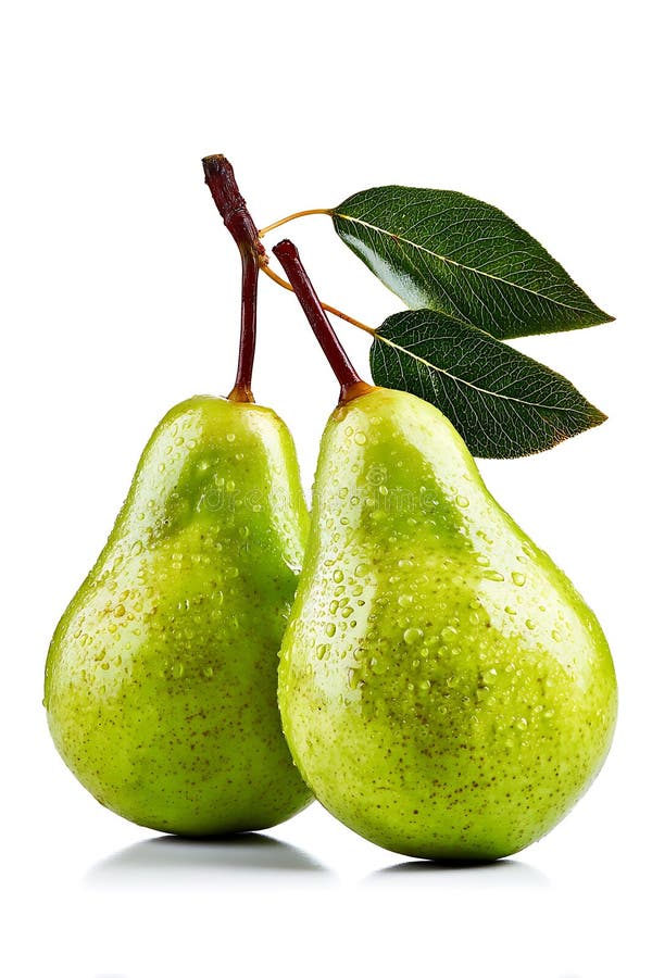 Two Green Pears with Dewdrops Rest on a Reflective Surface. they Have ...