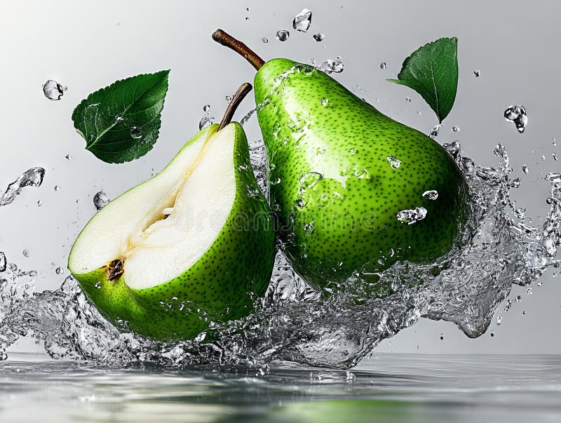 Two Green Pears Splashing in Water with Leaves on Top of Them Stock ...