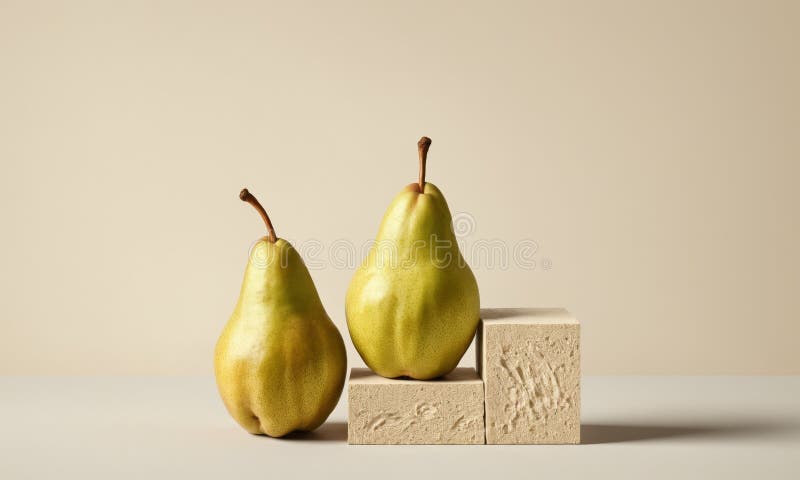 Two Green Pears on Textured Blocks Against a Beige Backdrop Stock ...