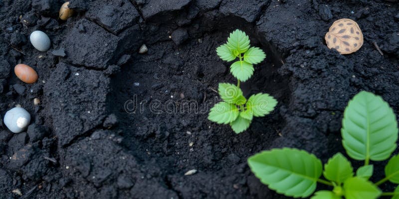 Two Green Plants Sprout from Dark Soil Stock Illustration ...