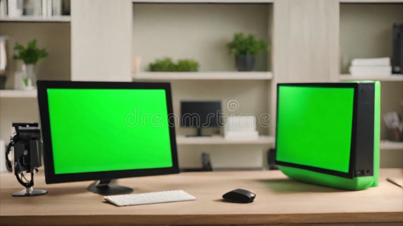 Green Screen Monitors on a Desk in an Office Stock Illustration ...
