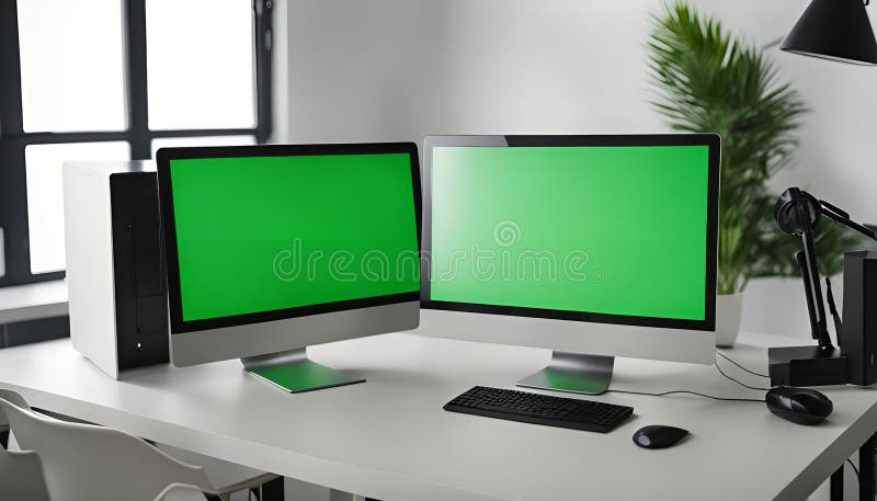 Two Green Screen Monitors on a Desk Stock Image - Image of graphic ...
