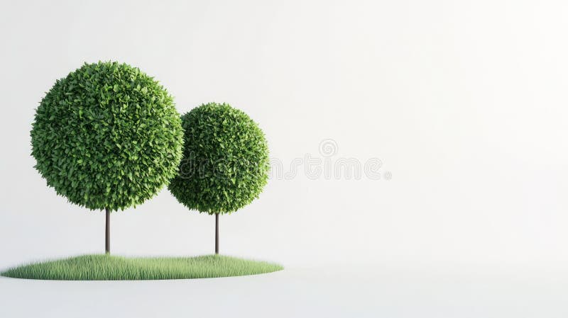 Two Green Spherical Trees on Grass Isolated on White Background Stock ...