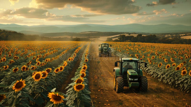 Two Green Tractor Cultivating Sunflower Fields with Added Dirt Road ...