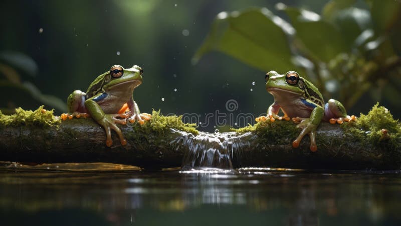 Two Green Tree Frogs Perched on Mossy Log Over Water Stock Illustration ...