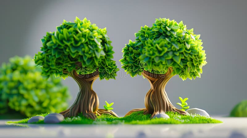 Two Green Trees with Leaves and Rocks Stock Photo - Image of figurine ...