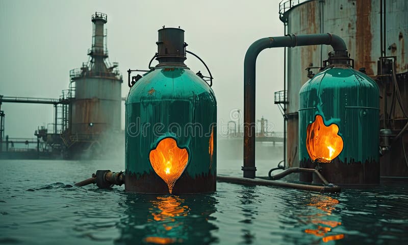 Two Green Vats are Sitting in the Water, One of Which Has a Flame in it ...