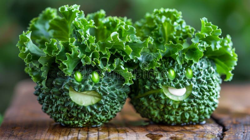 Two Green Vegetables with Faces Made Out of Them on a Table, AI Stock ...