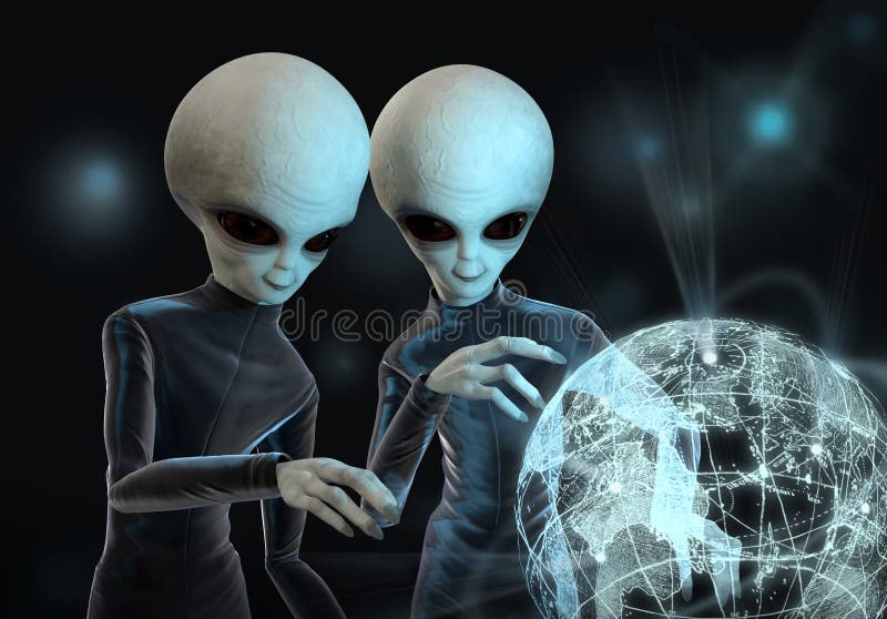 Two Grey Aliens Study the Planet Earth on a Light Map. 3 D . Stock ...