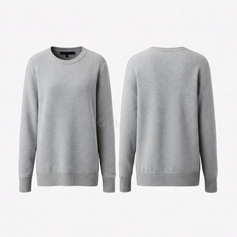 Two Grey Crew Neck Sweaters, Front and Back View, on a White Background ...