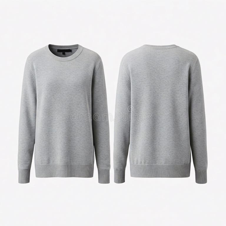 Two Grey Crew Neck Sweaters, Front and Back View, on a White Background ...