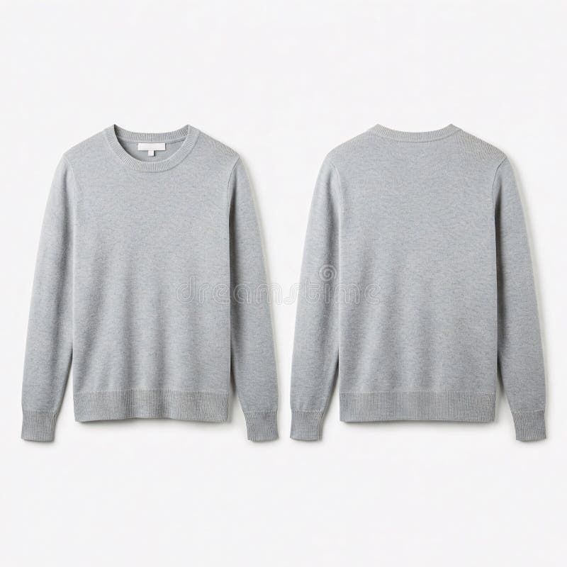 Two Grey Crew Neck Sweaters, Front and Back View, on a White Background ...