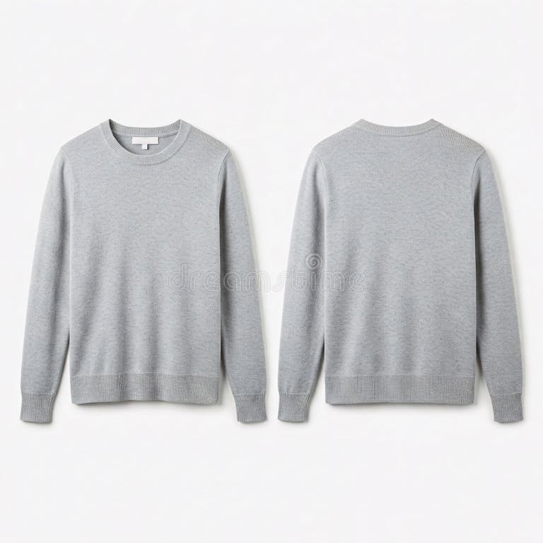 Two Grey Crew Neck Sweaters, Front and Back View, on a White Background ...