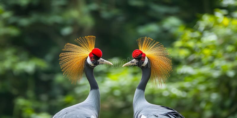 Two Grey Crowned Cranes Facing Each Other in Lush Green Foliage Stock ...