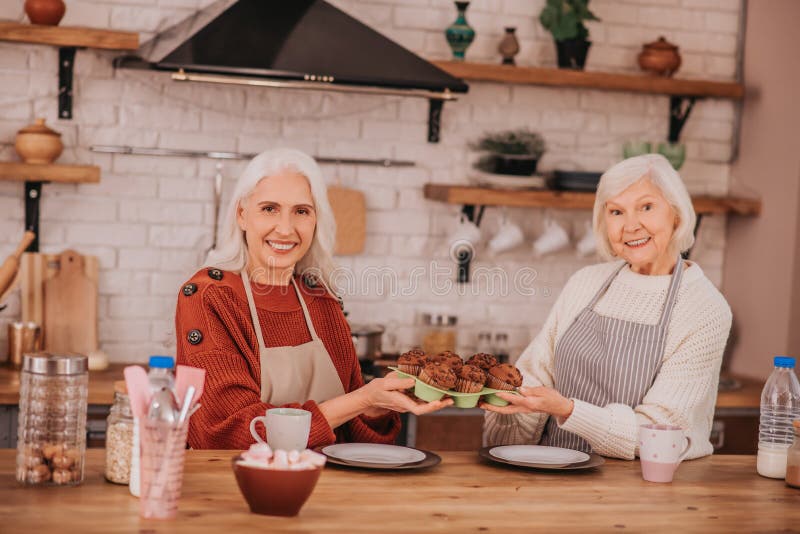 Two Grey-haired Ladies Sitting in the Modern Kitchen Stock Photo ...