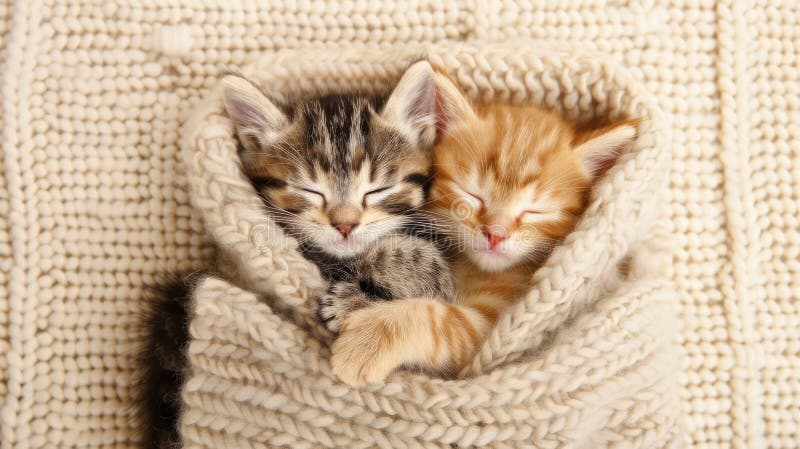 Two Grey Kittens Snuggled Together Asleep Under a Cozy Knit Blanket ...