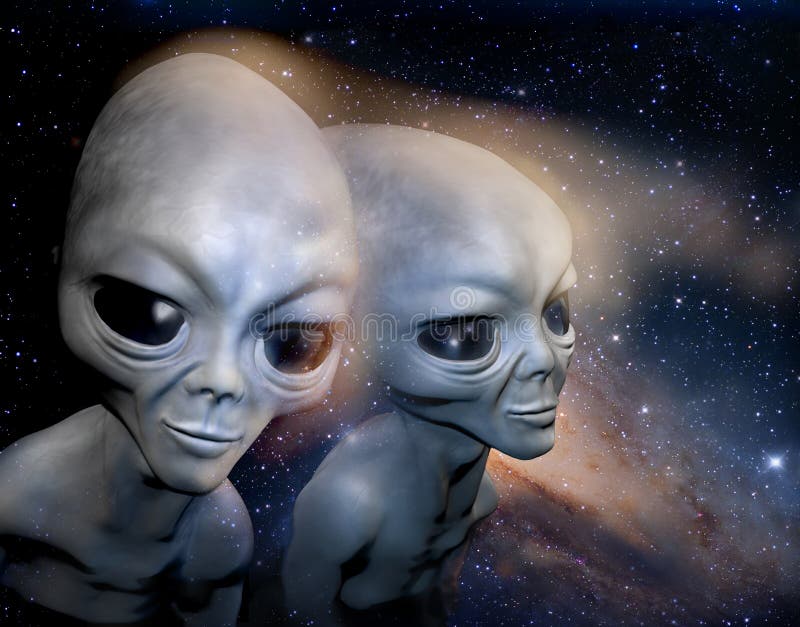 Two Grey Realistic Alien in Space. 3D Characters. Digital Illustration ...